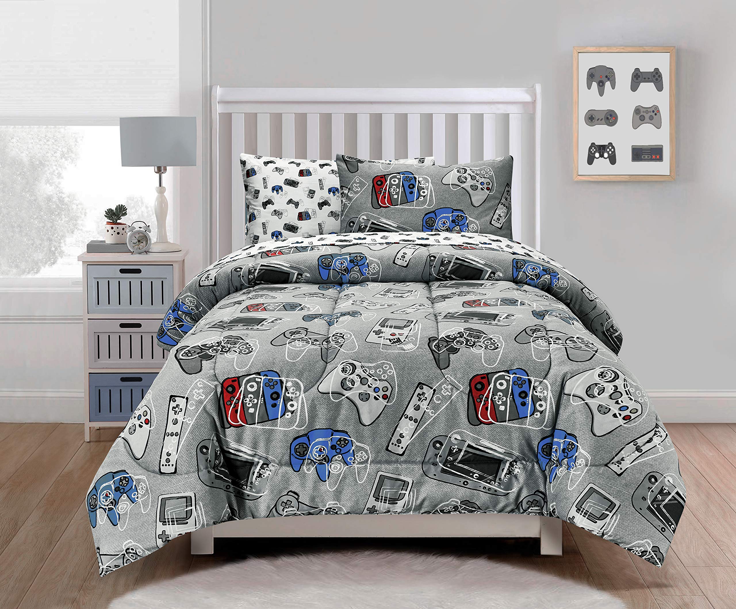 Kids Rule 2 Piece Gamer Glow in The Dark Comforter Set, Game Controllers Print, Blue, Grey - Twin (GMR2CMFST)