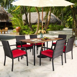 HAPPYGRILL 7 Pieces Patio Dining Set Outdoor Furniture Rattan Wicker Dining Set with Umbrella Hole, Powder Coated Steel Frame, Acacia Wood Dining Table and Armchairs with Removable Cushions