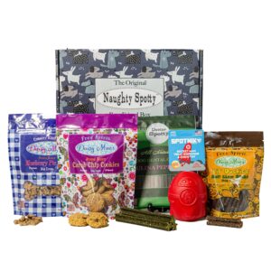 naughty spotty dog christmas treat gift box, red rocket treat dispenser, usa-made treats & chews, md/lg dog size (blueberry, peanut butter, peppermint, duck flavors).