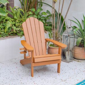 SNAN Adirondack Chair with Cup Holder, All-Weather Plastic Patio Chair for Garden&Outdoor Fire Tables, Fade-Resistant Outdoor Seating, Wood-Like Processing and Sturdy Outdoor Chair(Teak)