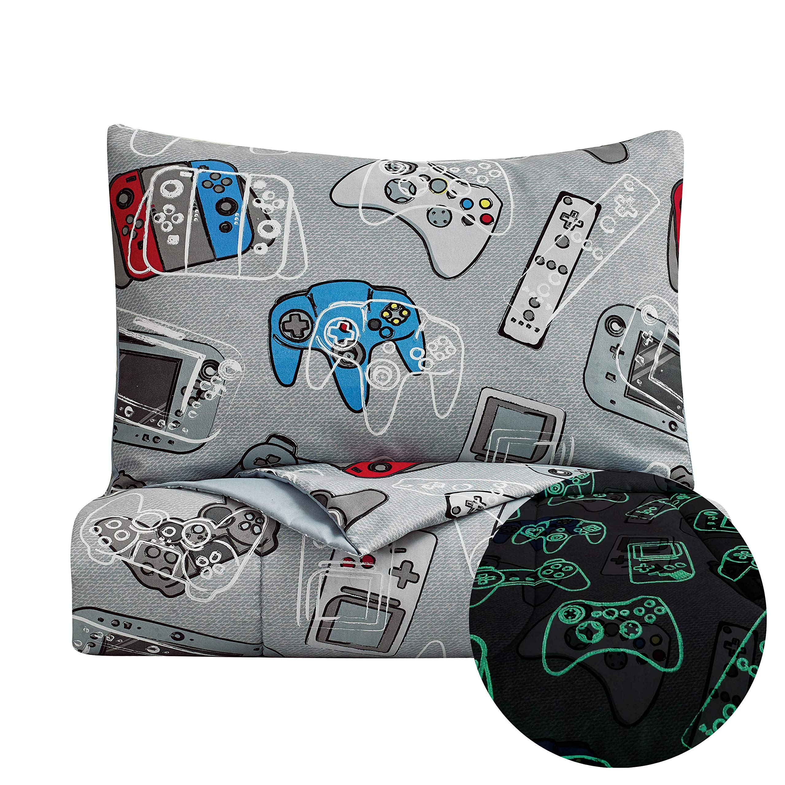 Kids Rule 2 Piece Gamer Glow in The Dark Comforter Set, Game Controllers Print, Blue, Grey - Twin (GMR2CMFST)