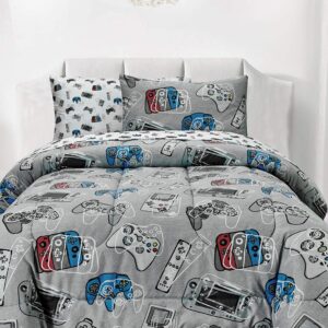 Kids Rule 2 Piece Gamer Glow in The Dark Comforter Set, Game Controllers Print, Blue, Grey - Twin (GMR2CMFST)