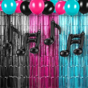 skylety music birthday party decorations includes karaoke rose red blue black tinsel curtains music balloons music note balloons for music theme party photo backdrop