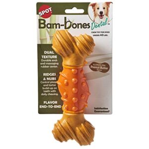 spot bam-bones dental bone - made with bamboo fiber and a massaging rubber center, durable oral care dog chew for light chewers & teething puppies under 40lbs, 7in, allergen free peanut butter flavor