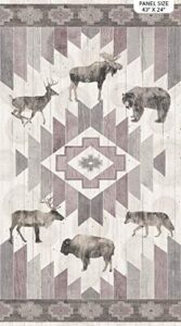 24" x 44" panel bears deer moose elk caribou bison buffalo wolf wolves animals wildlife canyon creek cream cotton fabric panel (d782.73)