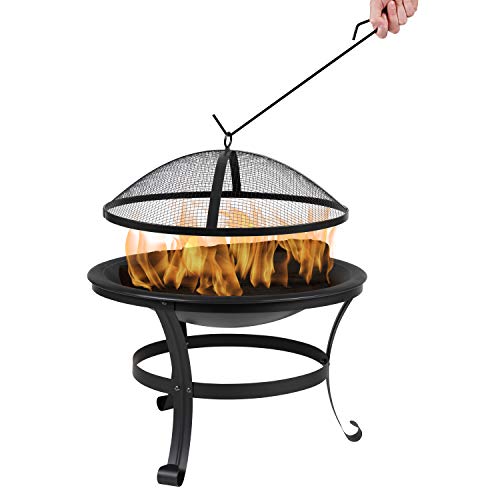 Flash Furniture Chelton 22" Round Wood Burning Firepit with Mesh Spark Screen and Poker , Black