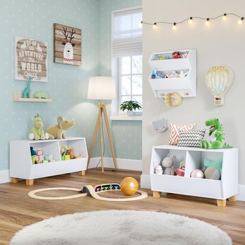 RiverRidge Catch-All Kids Bookshelf with 2 Storage Bins and 3 Wooden Hooks - Playroom Bookshelf for Kids' Rooms - Book and Toy Storage