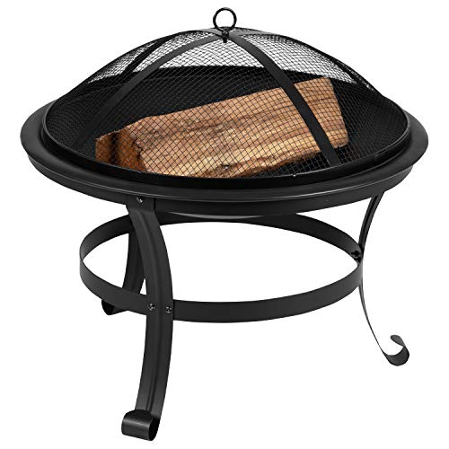 Flash Furniture Chelton 22" Round Wood Burning Firepit with Mesh Spark Screen and Poker , Black