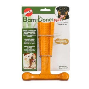 SPOT Bam-Bones Plus T Bone - Bamboo Fiber & Nylon, Durable Long Lasting Dog Chew for Aggressive Chewers – Toy for Dogs & Puppies Under 90lbs, Non-Splintering, 7in, Allergen Free Peanut Butter Flavor