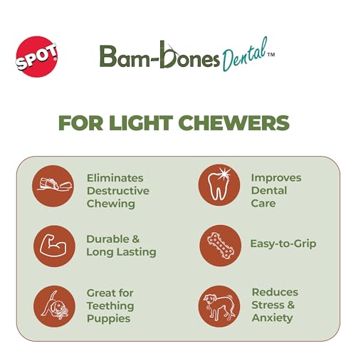 SPOT Bam-Bones Dental X-Bone - Made with Bamboo Fiber and a Massaging Rubber Center, Durable Oral Care Dog Chew for Light Chewers & Teething Puppies under 25lbs, 6in Allergen Free Peanut Butter Flavor