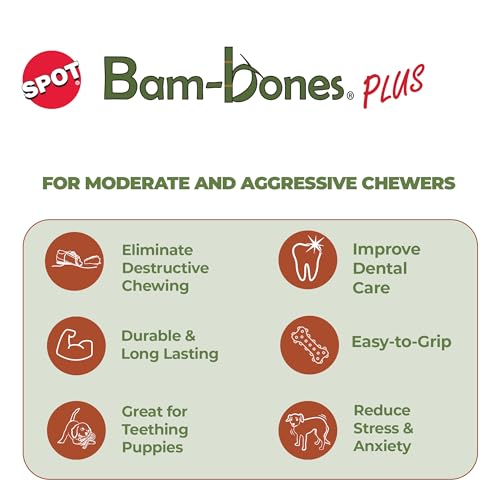 SPOT Bam-Bones Plus T Bone - Bamboo Fiber & Nylon, Durable Long Lasting Dog Chew for Aggressive Chewers – Toy for Dogs & Puppies Under 90lbs, Non-Splintering, 7in, Allergen Free Peanut Butter Flavor