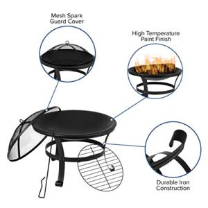 Flash Furniture Chelton 22" Round Wood Burning Firepit with Mesh Spark Screen and Poker , Black