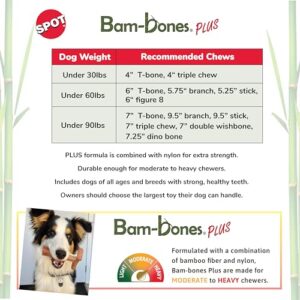 SPOT Bam-Bones Plus T Bone - Bamboo Fiber & Nylon, Durable Long Lasting Dog Chew for Aggressive Chewers – Toy for Dogs & Puppies Under 90lbs, Non-Splintering, 7in, Allergen Free Peanut Butter Flavor