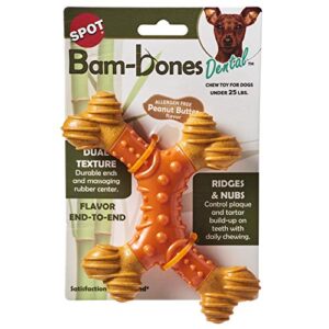 spot bam-bones dental x-bone - made with bamboo fiber and a massaging rubber center, durable oral care dog chew for light chewers & teething puppies under 25lbs, 6in allergen free peanut butter flavor