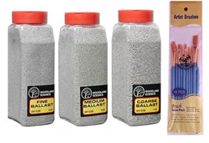 woodland scenics gray blend, fine ballast, medium ballast, and coarse ballast (pack of 3) - with make your day paintbrush set