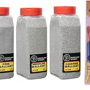 Woodland Scenics Gray Blend, Fine Ballast, Medium Ballast, and Coarse Ballast (Pack of 3) - with Make Your Day Paintbrush Set