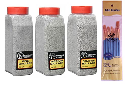 Woodland Scenics Gray Blend, Fine Ballast, Medium Ballast, and Coarse Ballast (Pack of 3) - with Make Your Day Paintbrush Set