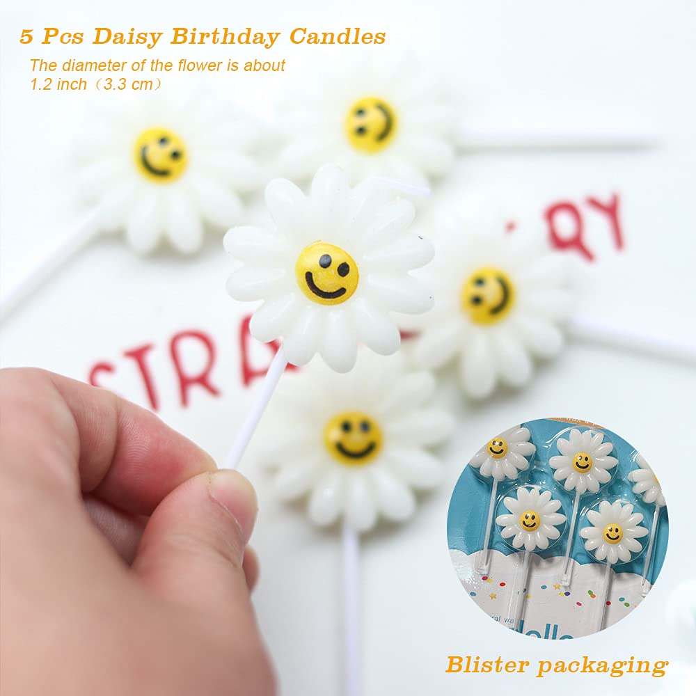 Daisy Birthday Candles, Daisy Candles with Smile Faces, Cake Decorations Cake Toppers - 5 Pcs