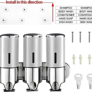 prosfalt 3 in 1 Chamber Wall Mounted Bathroom Shower Pump Dispenser and Organizer-Holds Shampoo, Soap, Conditioner, Shower Gel, for Bathroom Kitchen Hotel (Silver)