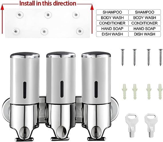 prosfalt 3 in 1 Chamber Wall Mounted Bathroom Shower Pump Dispenser and Organizer-Holds Shampoo, Soap, Conditioner, Shower Gel, for Bathroom Kitchen Hotel (Silver)