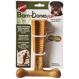 spot bam-bones plus t bone - bamboo fiber & nylon, durable long lasting dog chew for aggressive chewers – toy for dogs & puppies under 90lbs, non-splintering, 7in, allergen free peanut butter flavor