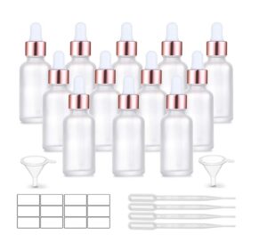 12 pack,1 oz matte glass dropper bottle,empty frosted essential oil dropper bottle holder with glass eye dropper,rose-golden caps perfume travel vial container-pipette,stickers,funnel included