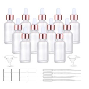 12 Pack,1 Oz Matte Glass Dropper Bottle,Empty Frosted Essential Oil Dropper Bottle Holder With Glass Eye Dropper,Rose-Golden Caps Perfume Travel Vial Container-Pipette,Stickers,Funnel included