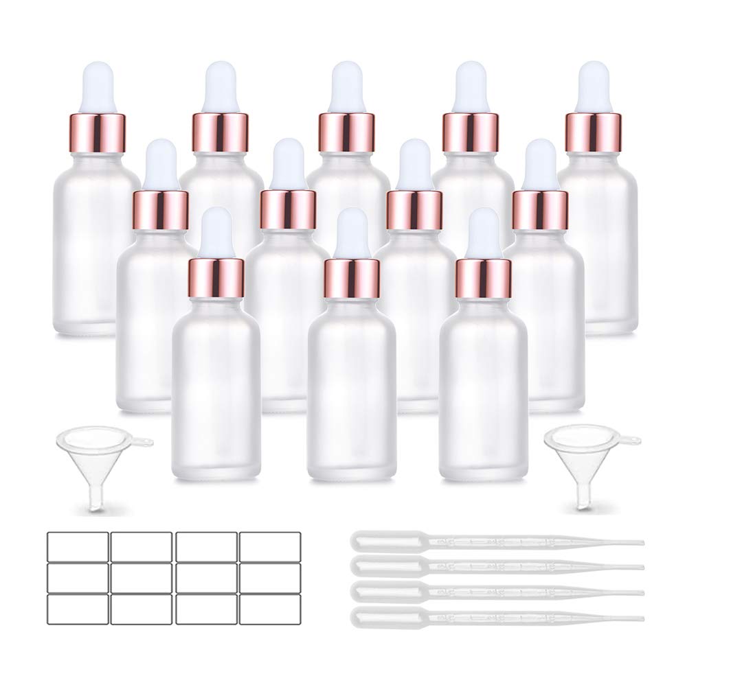 12 Pack,1 Oz Matte Glass Dropper Bottle,Empty Frosted Essential Oil Dropper Bottle Holder With Glass Eye Dropper,Rose-Golden Caps Perfume Travel Vial Container-Pipette,Stickers,Funnel included