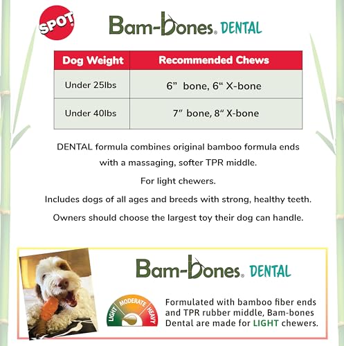 SPOT Bam-Bones Dental X-Bone - Made with Bamboo Fiber and a Massaging Rubber Center, Durable Oral Care Dog Chew for Light Chewers & Teething Puppies under 25lbs, 6in Allergen Free Peanut Butter Flavor