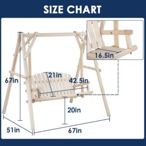 67 Inch Log Swing Stand Porch Swing Set Wood Bench Swing Stand A-Frame Patio Furniture Swing Chair Outdoor Rustic Curved Garden Swing Yard Play