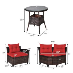 Tangkula 4-Piece Patio Furniture Set, C-Shape Outdoor Wicker Sectional Sofa Set, w/Cushions & Glass Coffee Table, Modern Deck Rattan Furniture for Garden Poolside Balcony (Red)