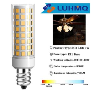 LUHMQ 3-Pack E11 LED Bulbs e11 Mini Candle Holder Base e11 Chandeliers Ceiling Fan Light JD E11 Bulb 7W(70W Halogen Bulb Equivalent) 700LM AC120V for Cabinet Lighting,Sconce&More(Warm White 3000K)