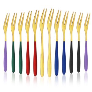 12pcs appetizer dessert forks, 304 stainless steel fruit forks set, colorful mini salad fruit fork for party banquet cocktail dessert fruit cakes afternoon tea wedding (5.3in)