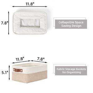 HNZIGE Small Fabric Baskets for Organizing(6 pack) Collapsible Storage Baskets for Shelves, Closets, Laundry, Nursery, Decorative Baskets for Gifts Empty (White&Khaki, 11.8" x 7.8" x 5.1")