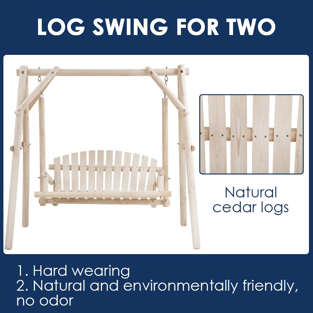 67 Inch Log Swing Stand Porch Swing Set Wood Bench Swing Stand A-Frame Patio Furniture Swing Chair Outdoor Rustic Curved Garden Swing Yard Play