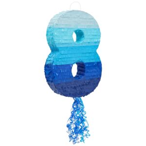 blue panda number 8 pinata - pull string pinata for boys 8th birthday party decorations, ombre blue (16.5 x 11.5 x 3 in)