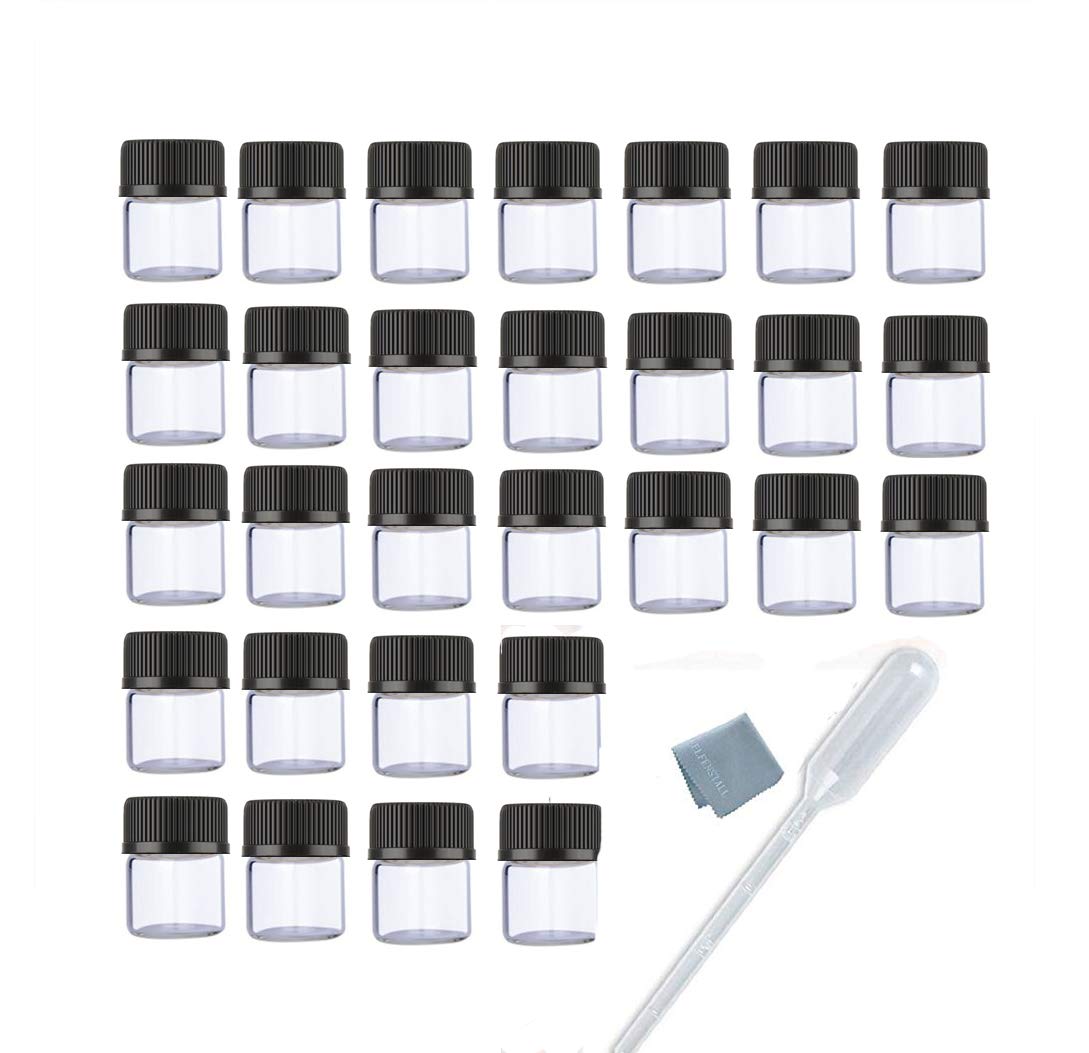 ELFENSTALL 50pcs 1ML 1/4 Dram Mini Clear Glass Essential Oils Vial Small Sample Bottles with Black Caps for Essential Oils Chemistry Lab Chemicals Colognes & Perfumes Pipette droppers as Gift