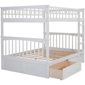 Bunk Beds Twin Over Twin with Drawers, Solid Wood Bunk Beds with Ladder for Boys Girls Teens Adults, White