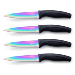 silislick stainless steel steak knife set - titanium coated colorful kitchen knives with straight edge, smooth & sharp - rainbow iridescent kitchen gifts & accessories