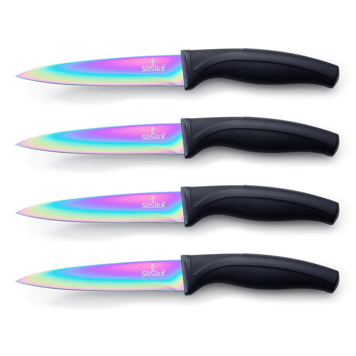 SiliSlick Stainless Steel Steak Knife Set - Titanium Coated Colorful Kitchen Knives with Straight Edge, Smooth & Sharp - Rainbow Iridescent Kitchen Gifts & Accessories