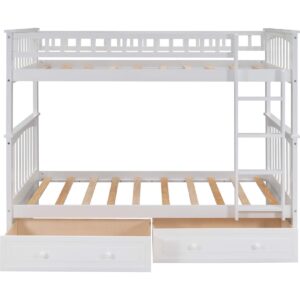 Bunk Beds Twin Over Twin with Drawers, Solid Wood Bunk Beds with Ladder for Boys Girls Teens Adults, White