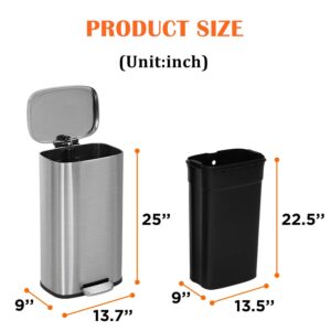 Step Trash Can Kitchen Garbage Can with Lid Tall Brushed Stainless Steel Trash Can with Plastic Inner Bucket Metal Pedal Waste Bin 8 Gallon/30 L for Home, Bathroom, Office, Silver