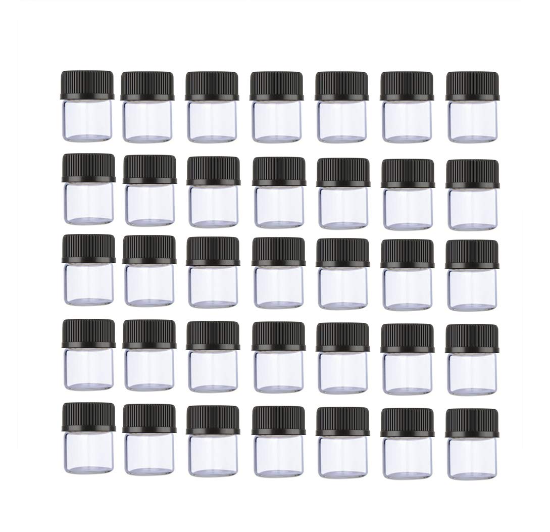 ELFENSTALL 50pcs 1ML 1/4 Dram Mini Clear Glass Essential Oils Vial Small Sample Bottles with Black Caps for Essential Oils Chemistry Lab Chemicals Colognes & Perfumes Pipette droppers as Gift