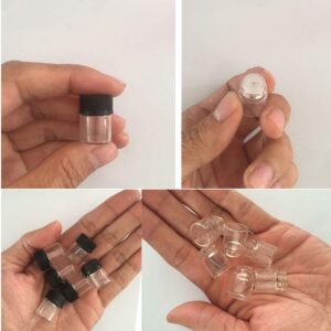 ELFENSTALL 50pcs 1ML 1/4 Dram Mini Clear Glass Essential Oils Vial Small Sample Bottles with Black Caps for Essential Oils Chemistry Lab Chemicals Colognes & Perfumes Pipette droppers as Gift