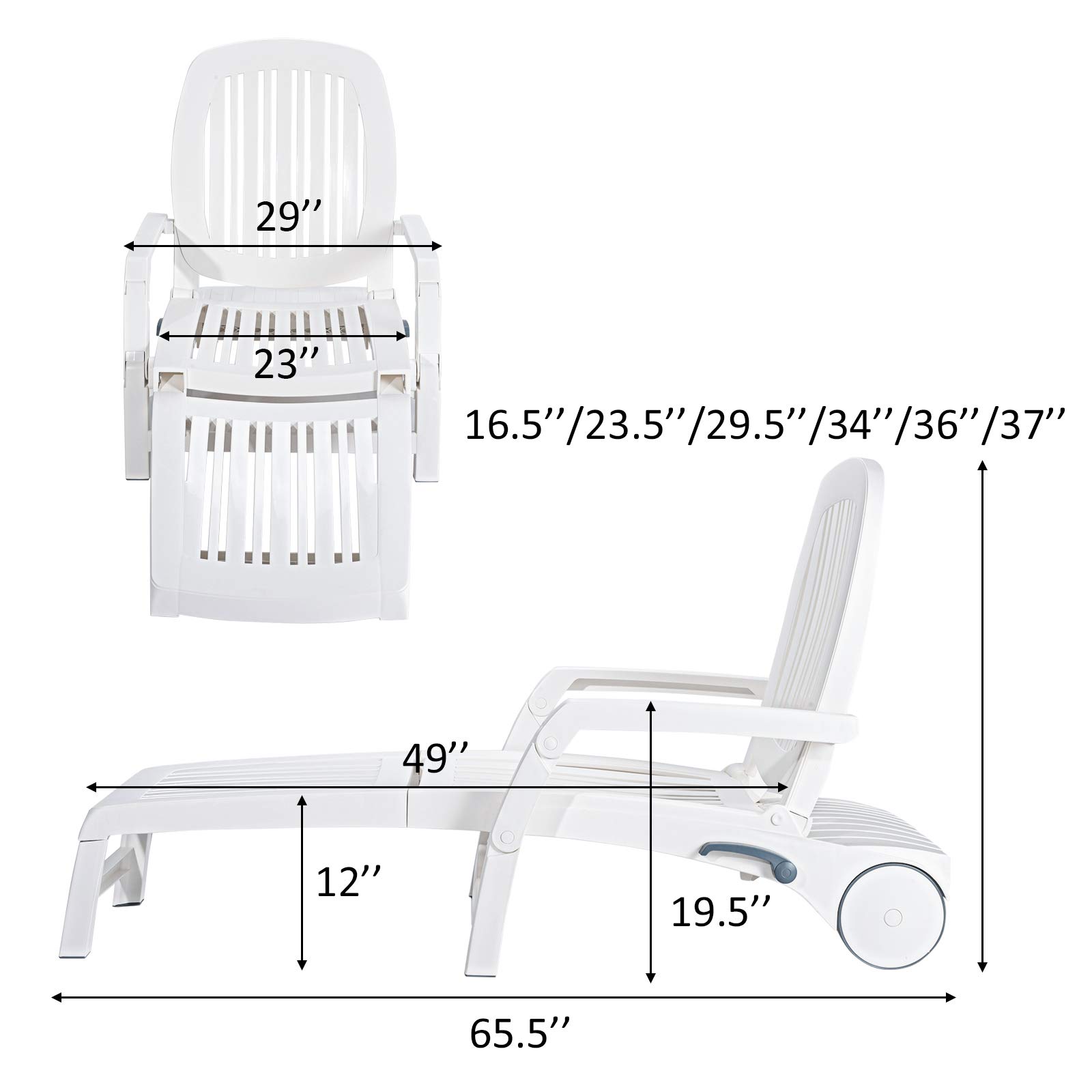 Giantex Chaise Lounge Outdoor 6 Adjustable Backrests Lounge Chair Recliner with Wheels for Patio, Poolside, Garden Foldable Beach Sunbathing Lounger(1, White)