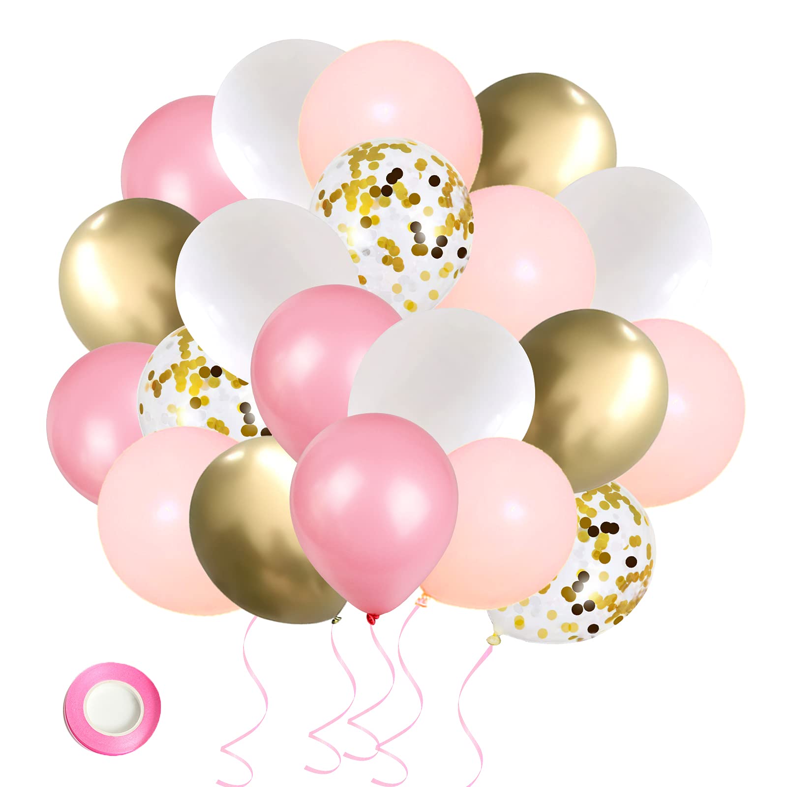 Pink and Gold Balloons, 50PCS Pink White and Gold Latex Balloons, 12 Inch Pink and Gold Confetti Balloons for Birthday, Wedding, Baby Shower, Anniversary Party Decorations