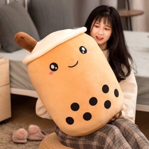 hitoshe boba plushie, 27.5 in boba plush pillow toy gifts for kids, valentine, christmas (brown round eye)