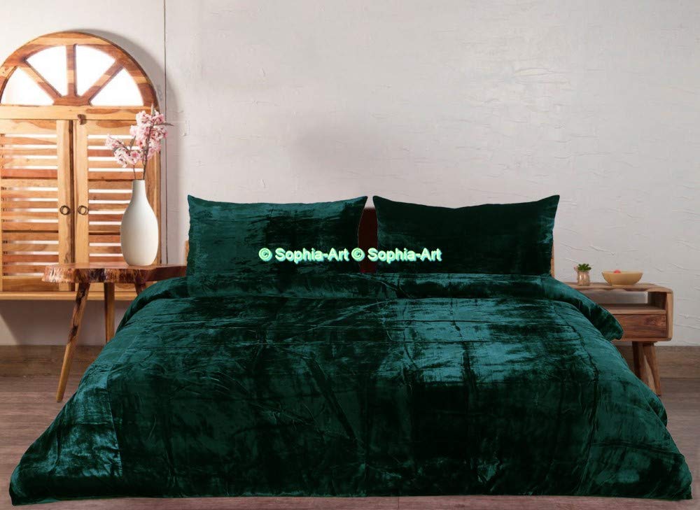 Sophia-Art 3 Pcs Ultra Luxury Rayon Velvet Bedding Boho Solid Duvet Cover UO Comforter Cover (Dark Green, King 90"x104")