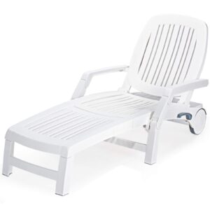 giantex chaise lounge outdoor 6 adjustable backrests lounge chair recliner with wheels for patio, poolside, garden foldable beach sunbathing lounger(1, white)