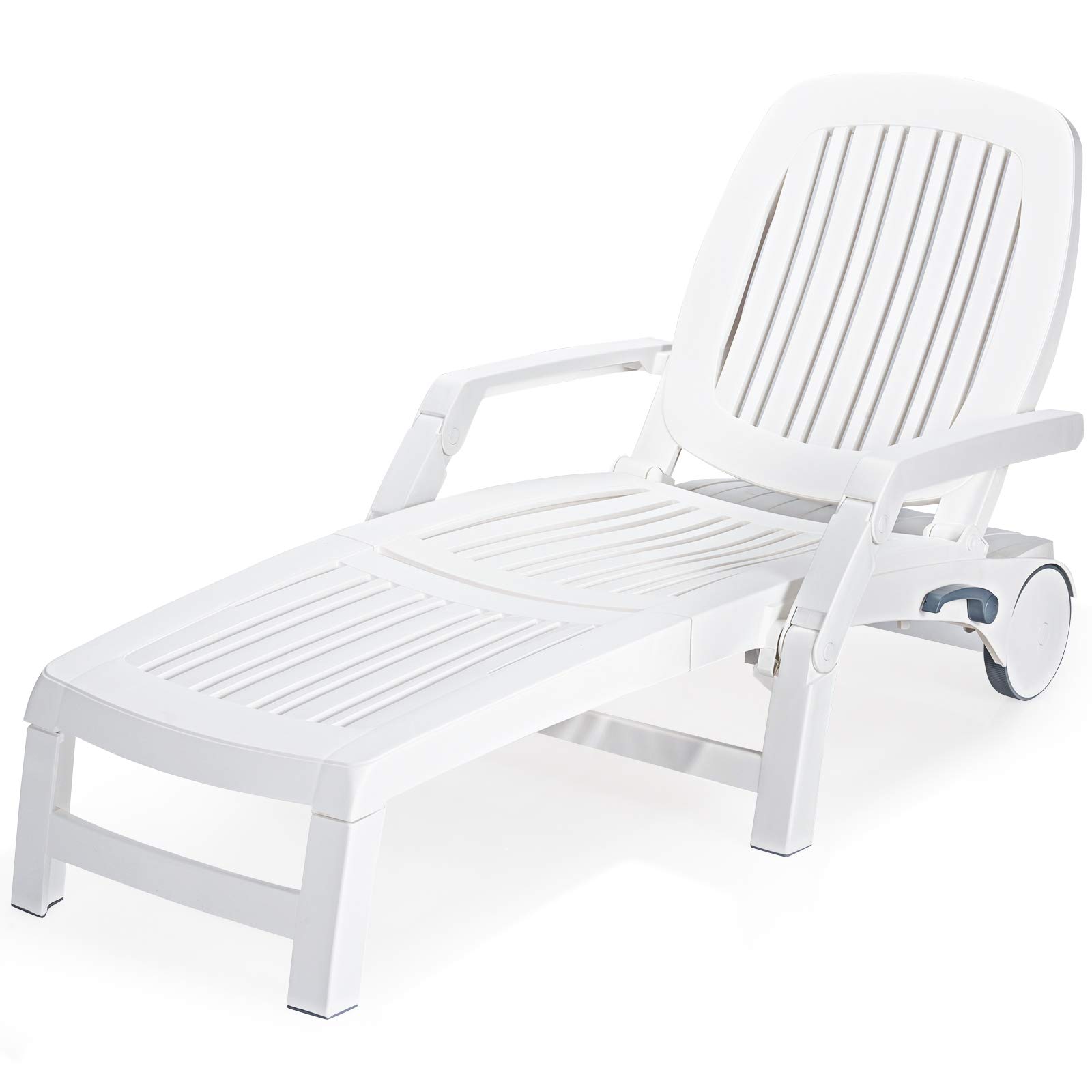 Giantex Chaise Lounge Outdoor 6 Adjustable Backrests Lounge Chair Recliner with Wheels for Patio, Poolside, Garden Foldable Beach Sunbathing Lounger(1, White)